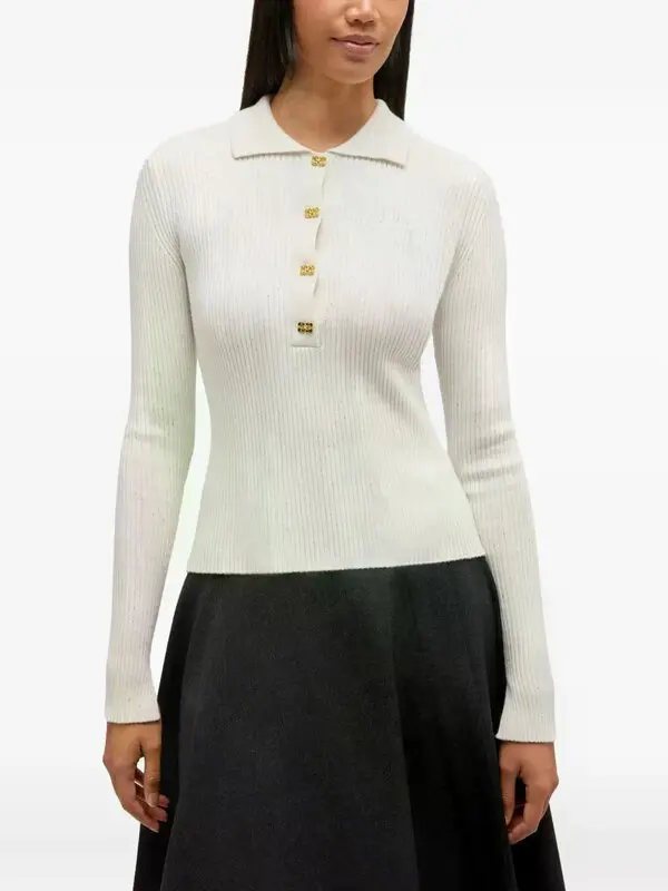 GANNI Fine Sequin Knitted Polo Shirt - Neutrals