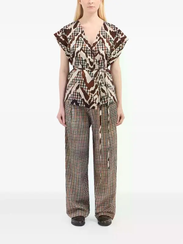 PIERRE-LOUIS MASCIA Animal-print Houndstooth Wrap Top - Brown