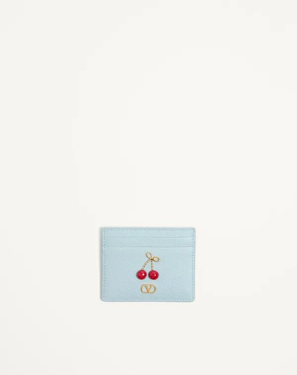 Valentino Garavani Cherryfic Grainy Calfskin Cardholder - Porcelain Blue