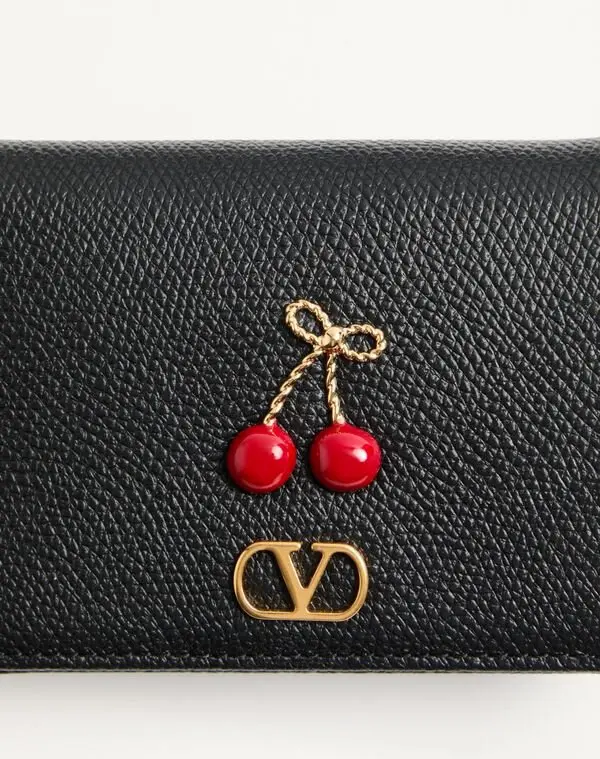Valentino Garavani Cherryfic Wallet In Grainy Calfskin - Black