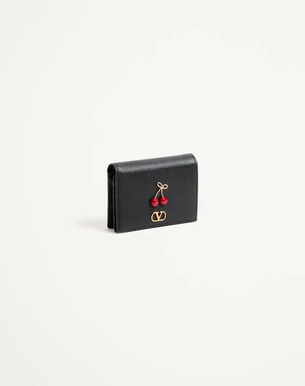 Valentino Garavani Cherryfic Wallet In Grainy Calfskin - Black