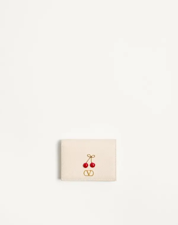 Valentino Garavani Cherryfic Wallet In Grainy Calfskin - Light Ivory