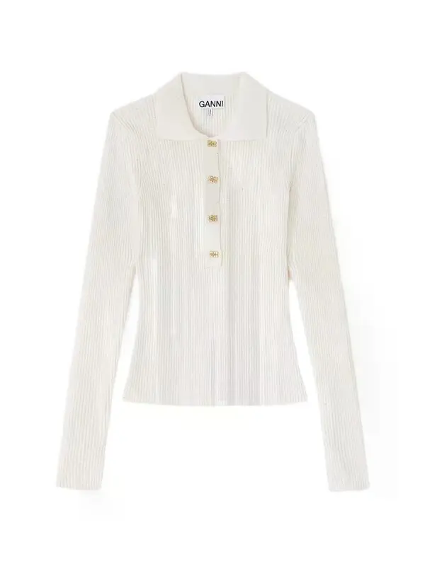 GANNI Fine Sequin Knitted Polo With Butterfly Buttons - Ivory