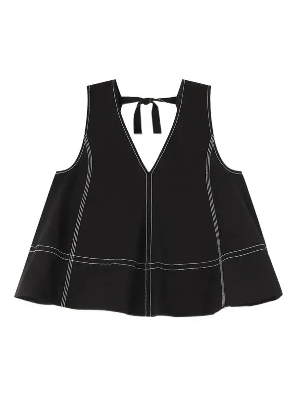 GANNI Cotton A-line Top With V-neck And Contrast Stitching