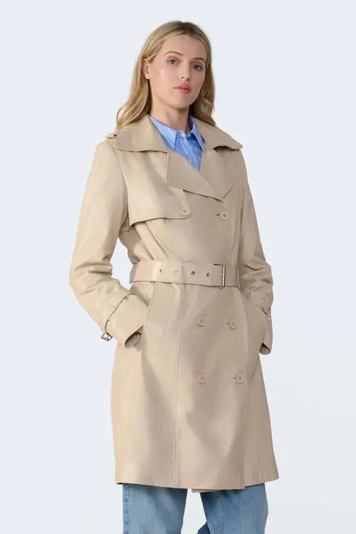 FURNIQ UK Leather Trench Coat - Beige