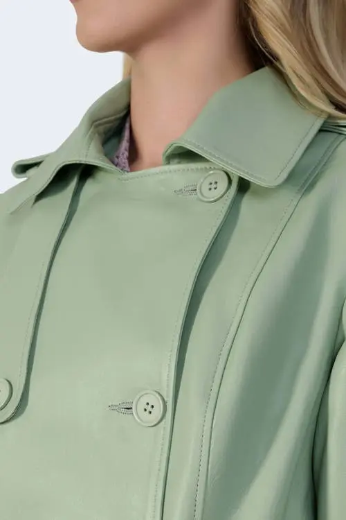 FURNIQ UK Soho Leather Trench Coat - Light Green