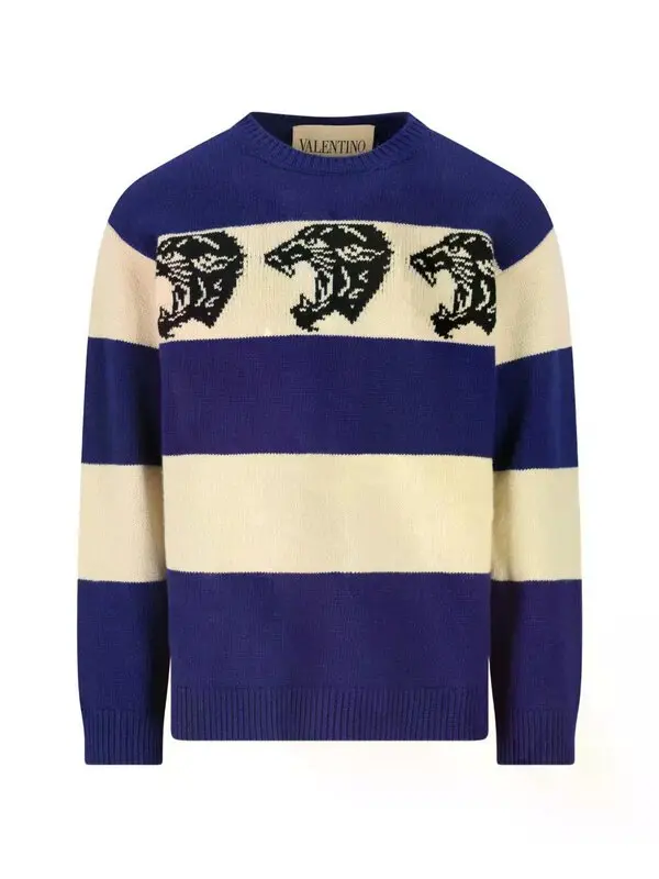 Valentino Garavani Panther-jacquard Striped Jumper - Blue