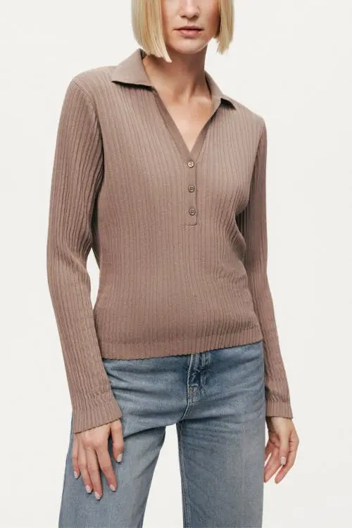 NOCTURNE Ribbed Polo Knit Sweater - Mink