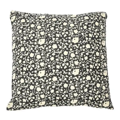 STORIED HOME Vintage Inspired Floral Block Pattern Square Cotton Decorative Throw Pillow - Black