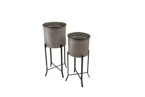 STORIED HOME Round Corrugated Metal Planters On Stands, And Black - Silver