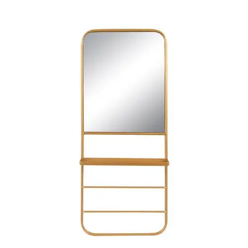 STORIED HOME Metal Framed Wall Mirror With Shelf And 2 Rods - Gold