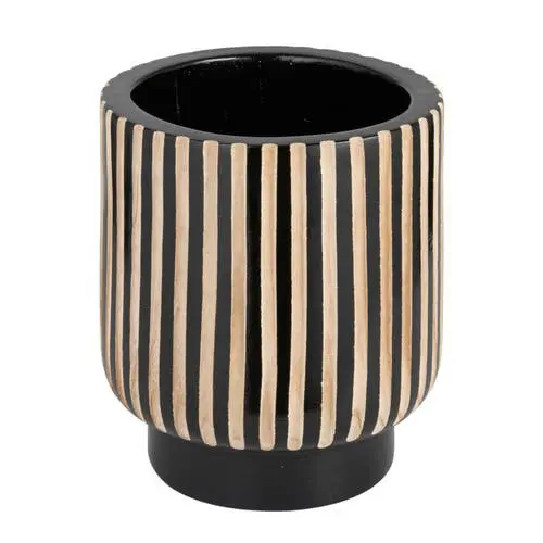 STORIED HOME Hand-carved Wood Planter With Stripes - Black