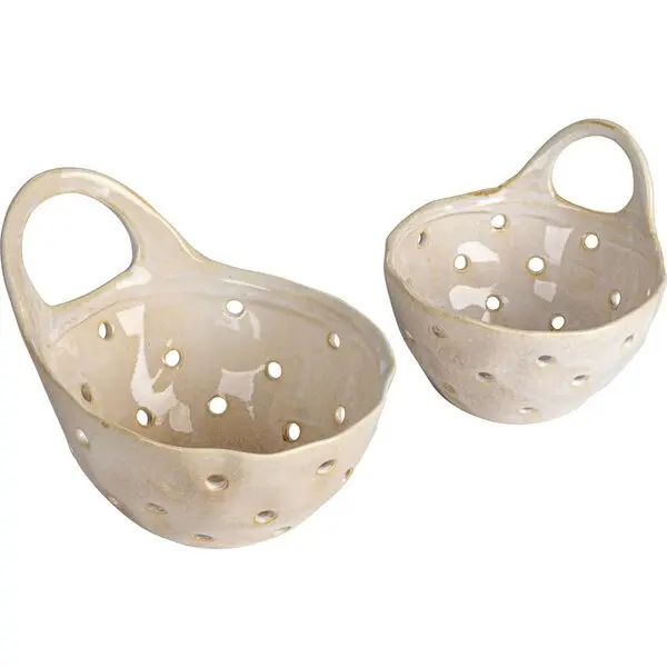 STORIED HOME Set Of 2 Reactive Glaze Stoneware Colanders - Cream