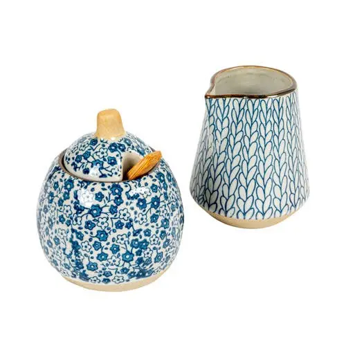 STORIED HOME Hand-painted Stoneware Sugar & Creamer - Blue