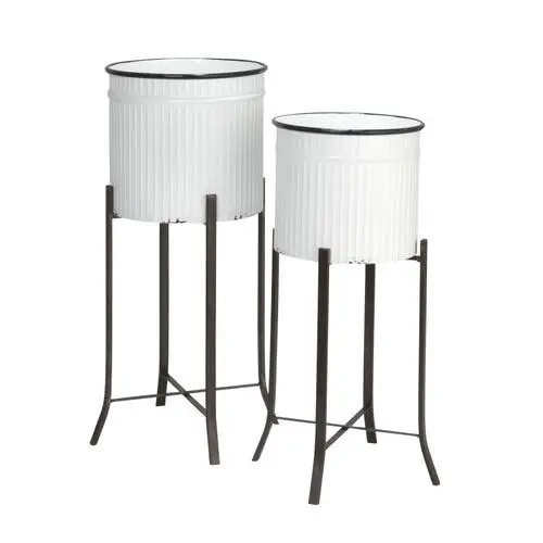 STORIED HOME Round Metal Planters On Stands, And Black - White