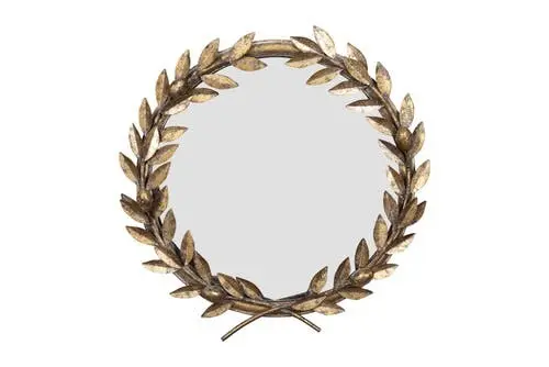 STORIED HOME Round Metal Laurel Wreath Round Wall Mirror - Gold