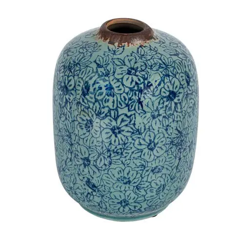 STORIED HOME Decorative Round Terra-cotta Vase With Floral Pattern With Distressed Finish - Blue