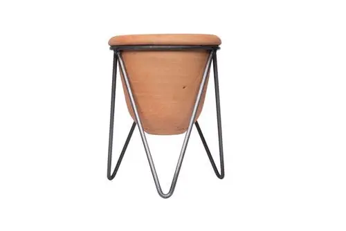 STORIED HOME Terracotta Pot With Metal Stand - Orange