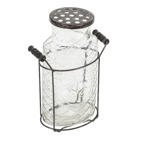 STORIED HOME Glass Vase In Metal Stand With Metal Frog Lid - Clear