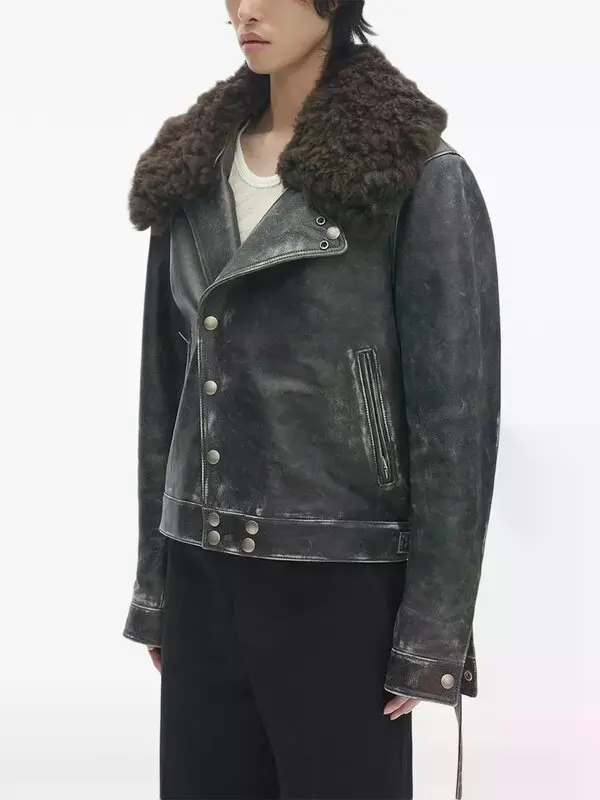 ANN DEMEULEMEESTER Binus Fur-collar Button Leather Jacket