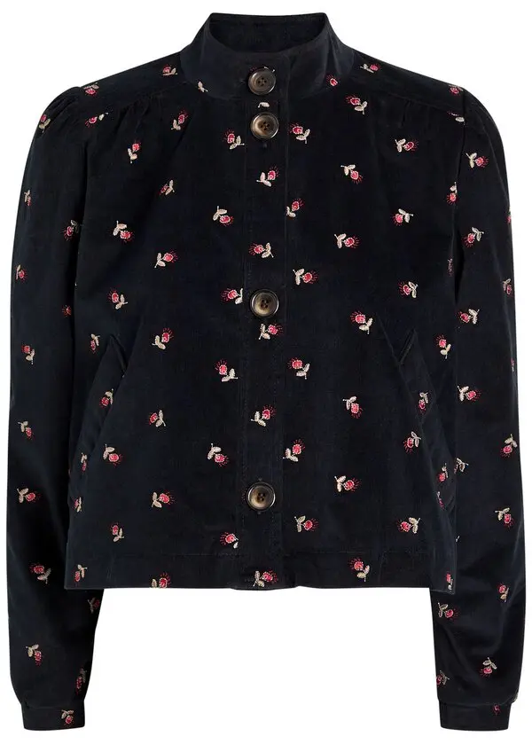 Rixo Nyla Floral-embroidered Fine Cord Jacket - Navy