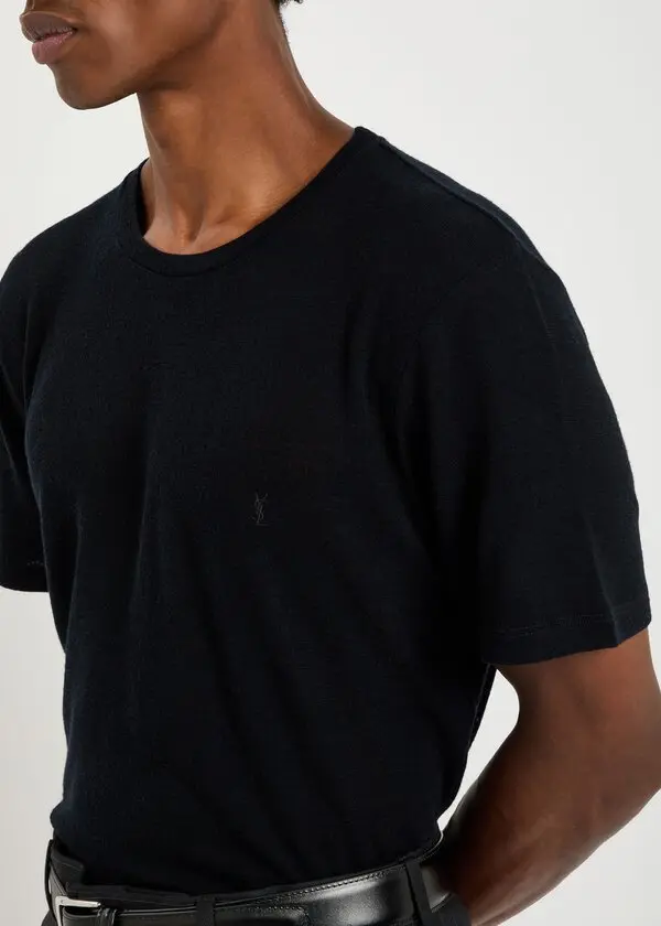 Saint Laurent Logo-embroidered Wool T-shirt - Black