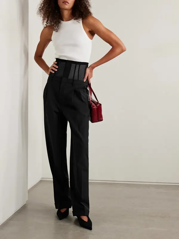 Tibi Mesh-trimmed Crepe Wide-leg Pants