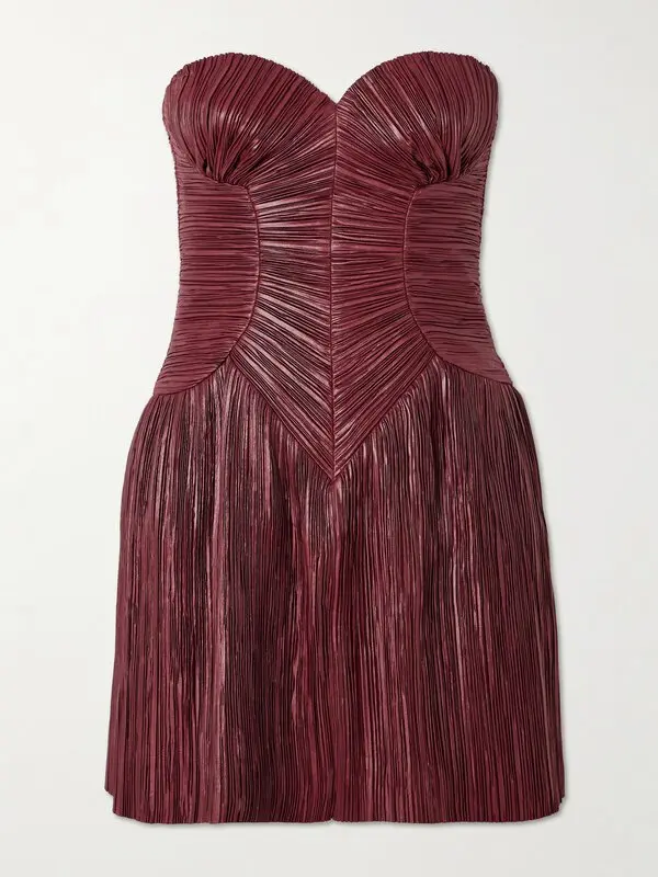 Cult Gaia Nella Strapless Pliss-Satin Mini Dress - Burgundy | Editorialist