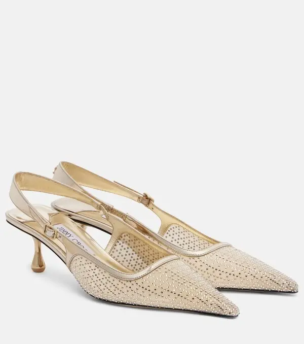 JIMMY CHOO Amel 50 Embellished Mesh Slingback Pumps - Gold