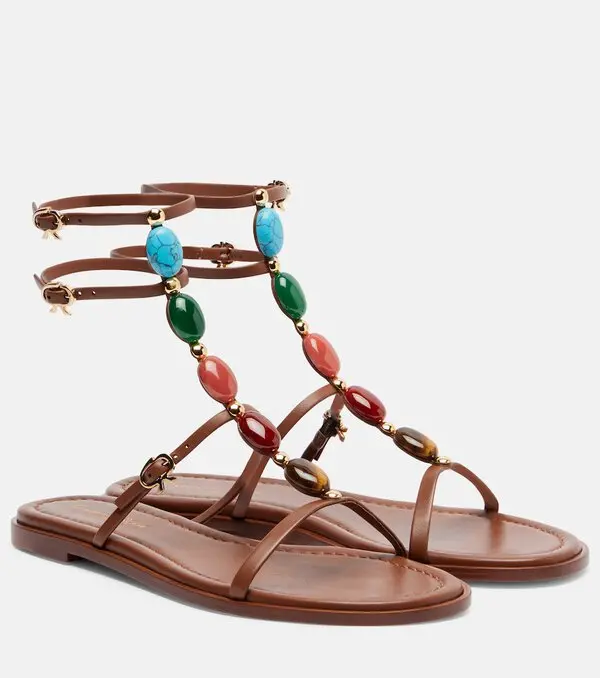 GIANVITO ROSSI Embellished Leather Sandals - Brown