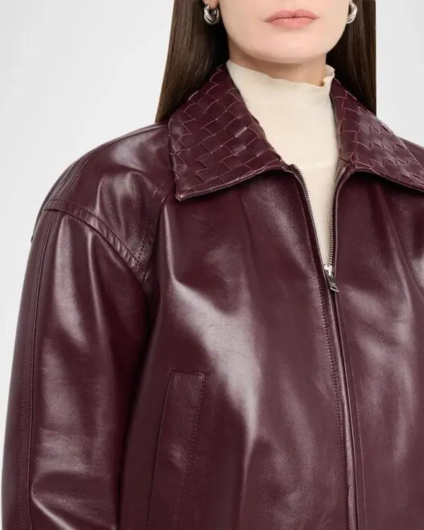 Bottega Veneta Intrecciato Collar Leather Bomber Jacket - Red/multi