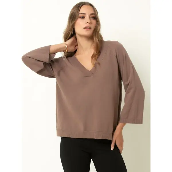 SINGLE STITCH Drop Shoulder V-neck Sweater - Deep Taupe