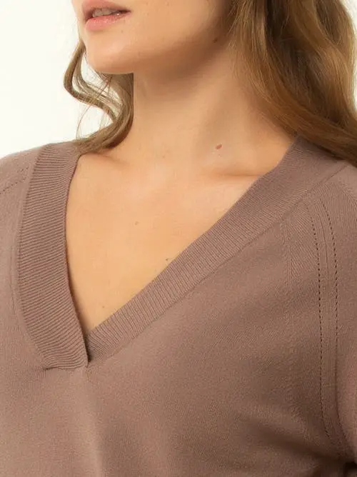SINGLE STITCH Drop Shoulder V-neck Sweater - Deep Taupe