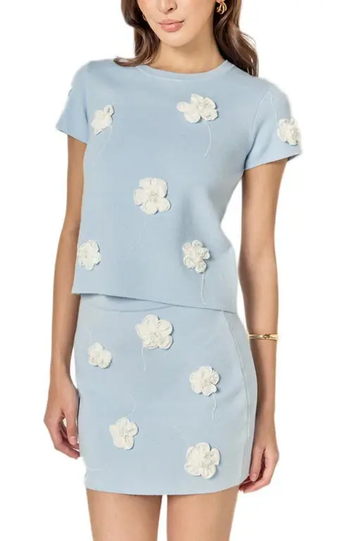 English Factory Floral Embellished Knit Top - Powder Blue/white