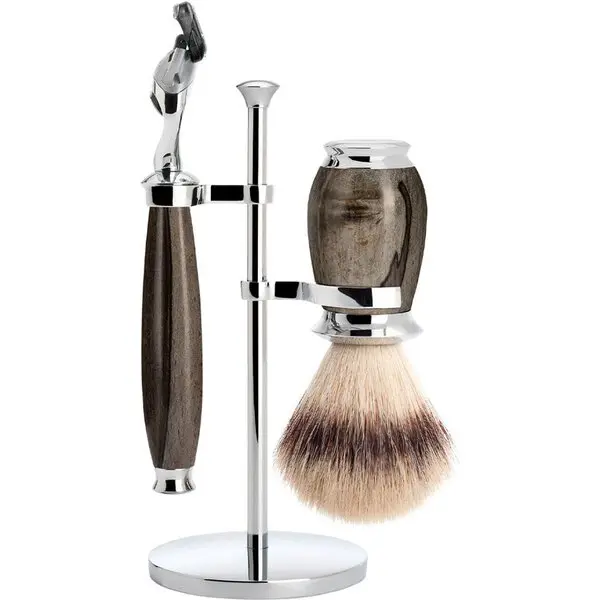 MUHLE Purist Silvertip Fibre Brush And Fusion Razor Shaving Set - Grained Beech