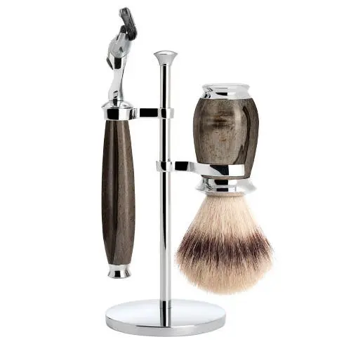 MUHLE Purist Silvertip Fibre Brush And Fusion Razor Shaving Set - Grained Beech