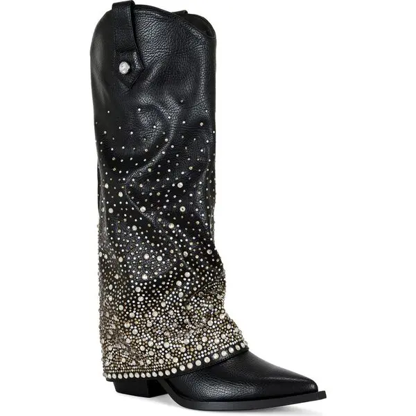 AZALEA WANG Beth Studded Western Boots - Black
