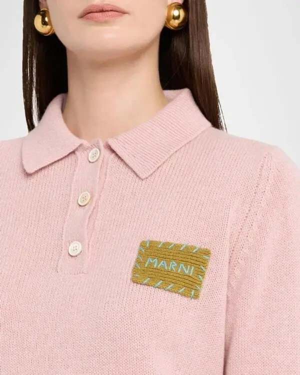 Marni Logo Patch Cashmere Polo Sweater - Pink