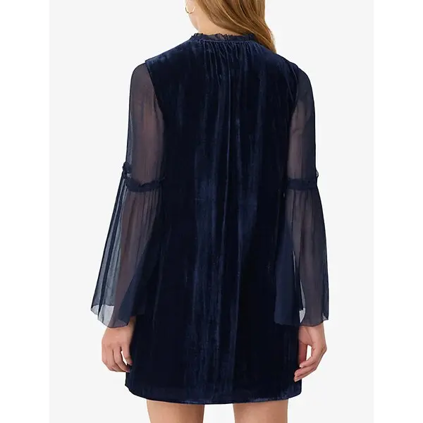 Whistles Velvet Sheer Sleeve Dress Navy Size 10