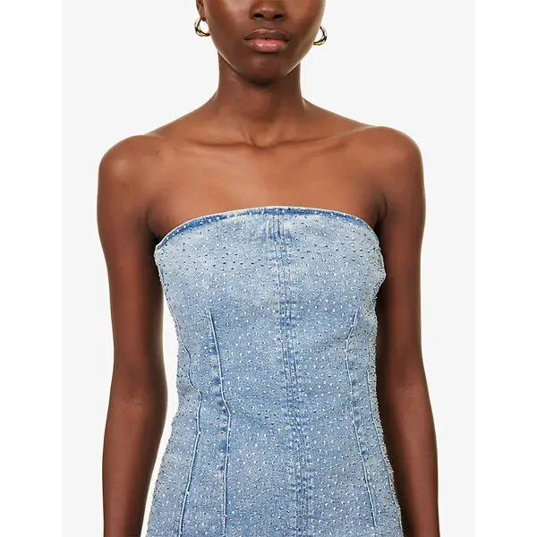 knee length dresses for ladies Striped Denim Tube Fit and Flare Mini Dress from Blue B exclusive at –  Urbanheer