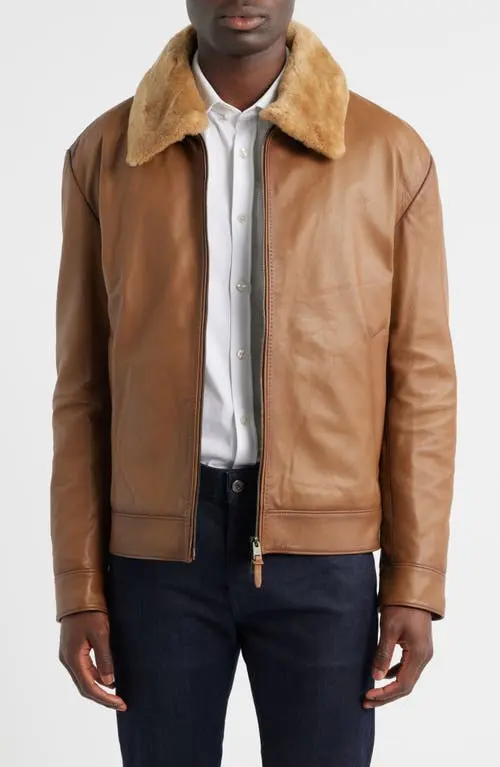 BOSS Mury Down Fill Leather Jacket With Shearling Collar