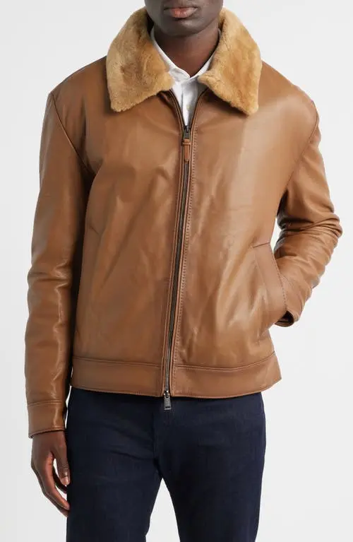 BOSS Mury Down Fill Leather Jacket With Shearling Collar