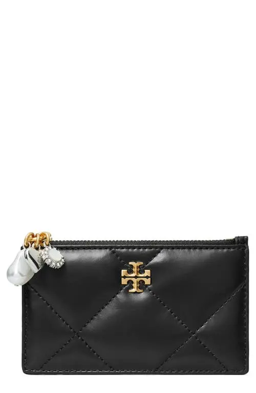 Tory Burch Kira Charm Diamond Quilted Leather Zip Card Case - Black