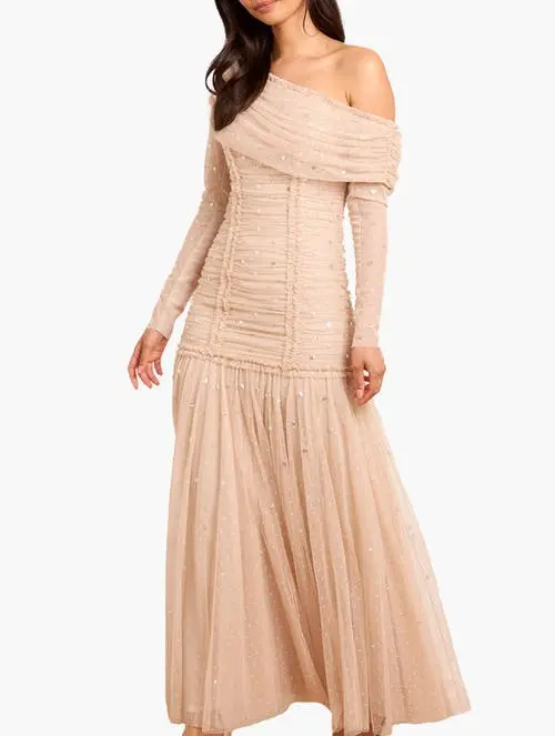 NEEDLE & THREAD Gigi Dot One-shoulder Ruched Gown - Beige