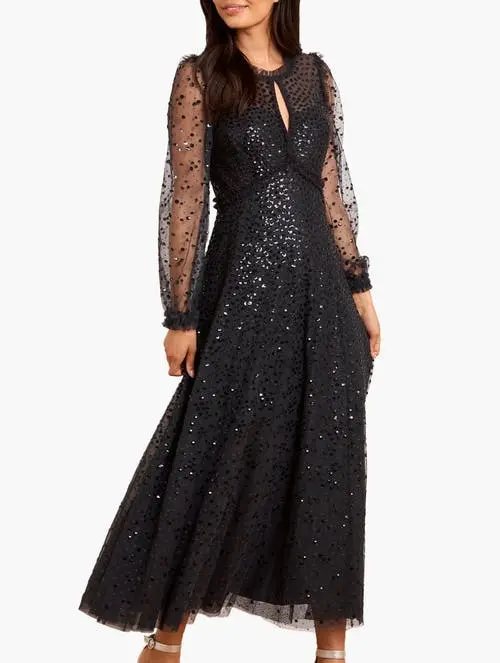 NEEDLE & THREAD Dappled Sequin Long Sleeve Ankle Gown - Graphite
