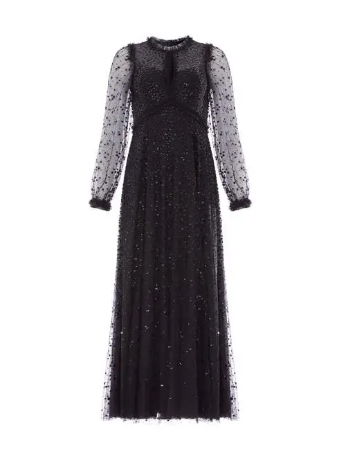 NEEDLE & THREAD Dappled Sequin Long Sleeve Ankle Gown - Graphite