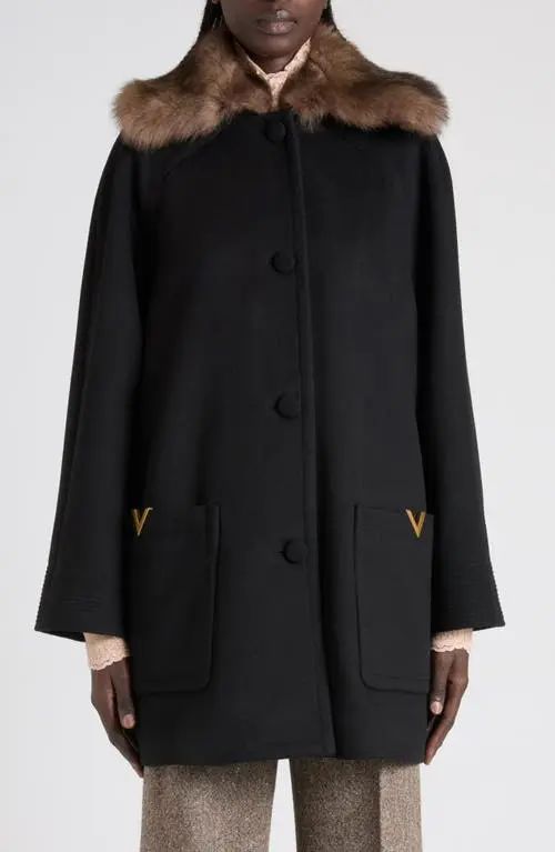 Valentino Garavani Genuine Shearling Collar Wool Coat