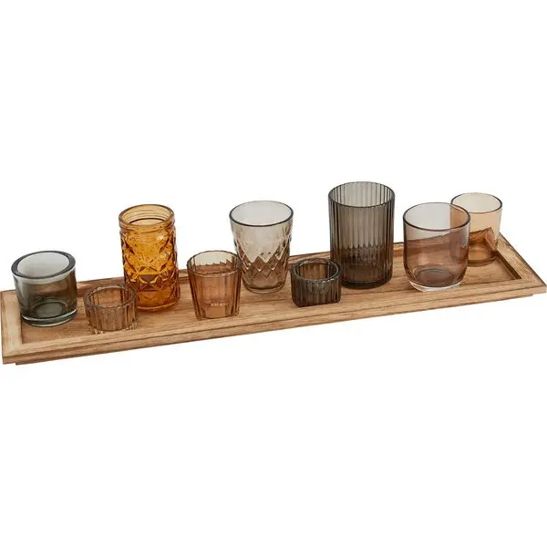 STORIED HOME Round Glass Votive Holders On Wood Tray - Brown