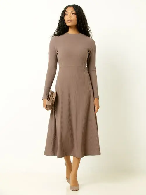 SINGLE STITCH Ribbed Knit Midi Dress - Deep Taupe