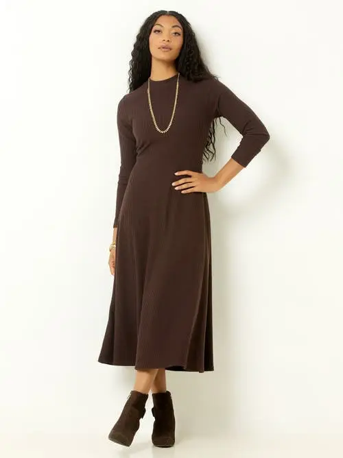 SINGLE STITCH Ribbed Knit Midi Dress - Mahogany